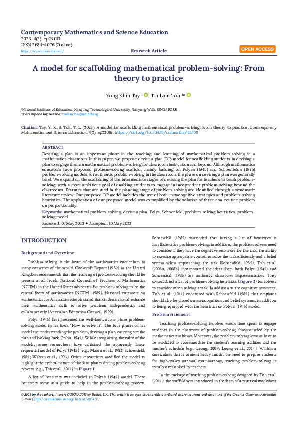 (PDF) A model for scaffolding mathematical problem-solving: From theory to practice