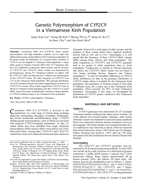 (PDF) Genetic Polymorphism of CYP2C9 in a Vietnamese Kinh Population