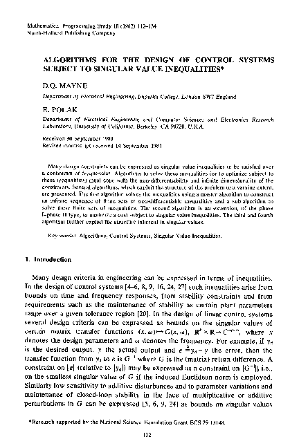 (PDF) Algorithms for the design of control systems subject to singular value inequalities
