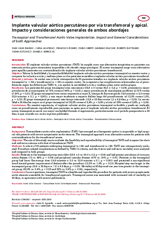 (PDF) Transapical and Transfemoral Aortic Valve Implantation. Impact ...