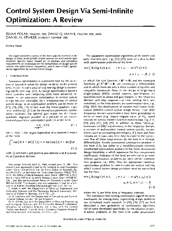 (PDF) Control system design via semi-infinite optimization: A review