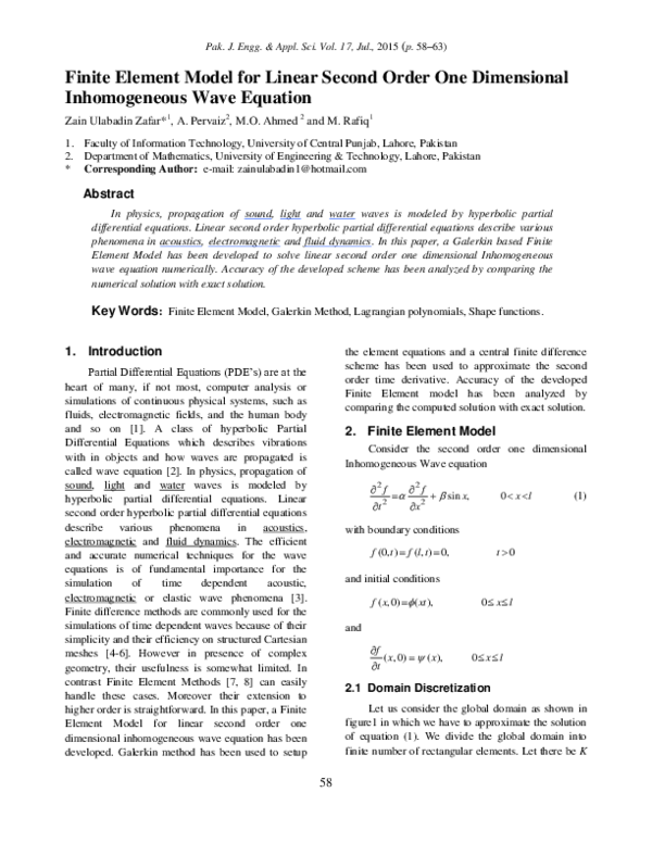 (PDF) Finite Element Model for Linear Second Order One Dimensional Homogeneous Telegraph Equation