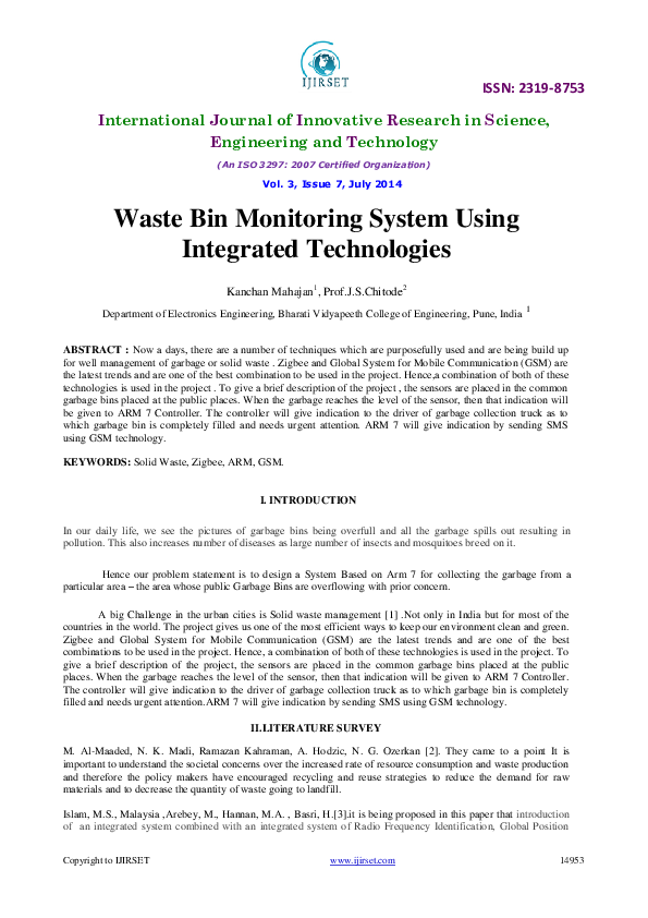 (PDF) Waste Bin Monitoring System UsingIntegrated Technologies