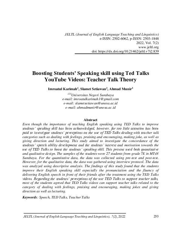 (PDF) Boosting Students’ Speaking skill using Ted Talks YouTube Videos ...