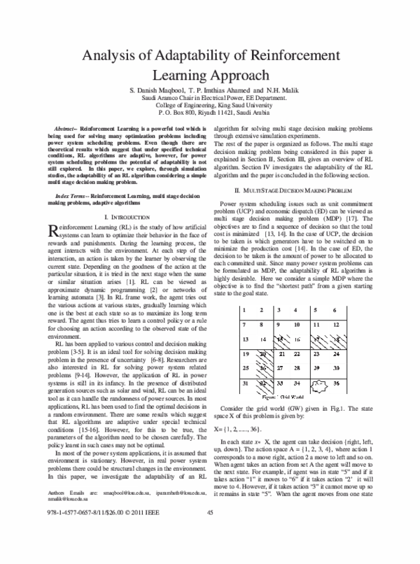 (PDF) Analysis of adaptability of Reinforcement Learning approach