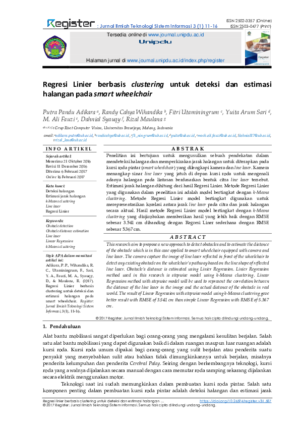Regresi linier berbasis clustering untuk deteksi dan estimasi halangan ...