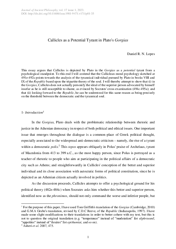 (PDF) Callicles as a Potential Tyrant in Plato's Gorgias | Daniel R . N ...