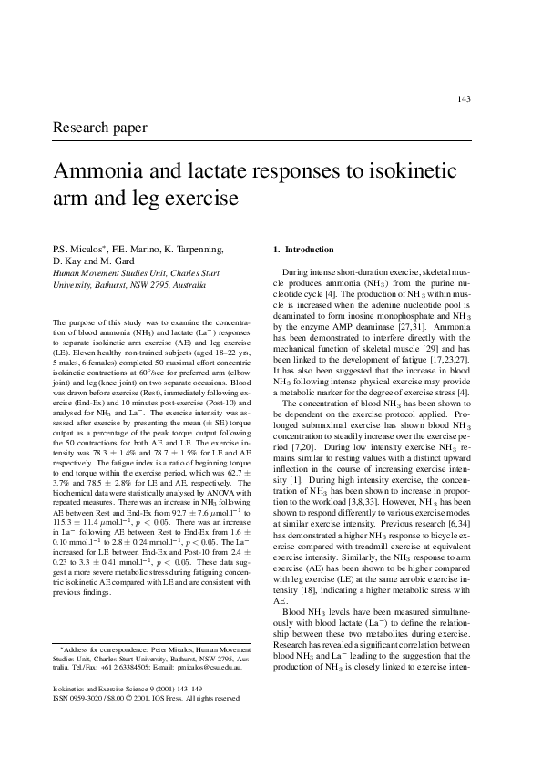 (PDF) Ammonia and lactate responses to isokinetic arm and leg exercise ...
