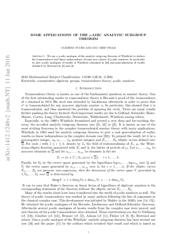 Pdf Some Applications Of The P Adic Analytic Subgroup Theorem