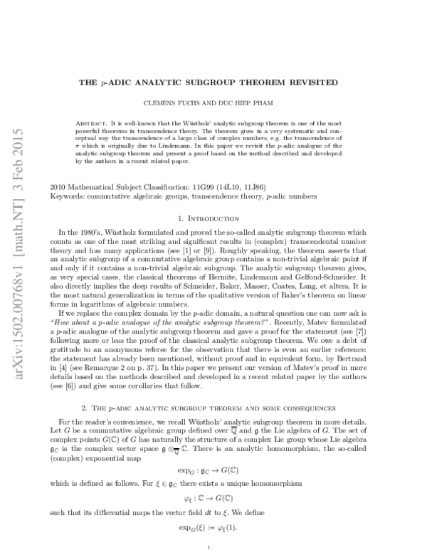 Pdf The P Adic Analytic Subgroup Theorem Revisited