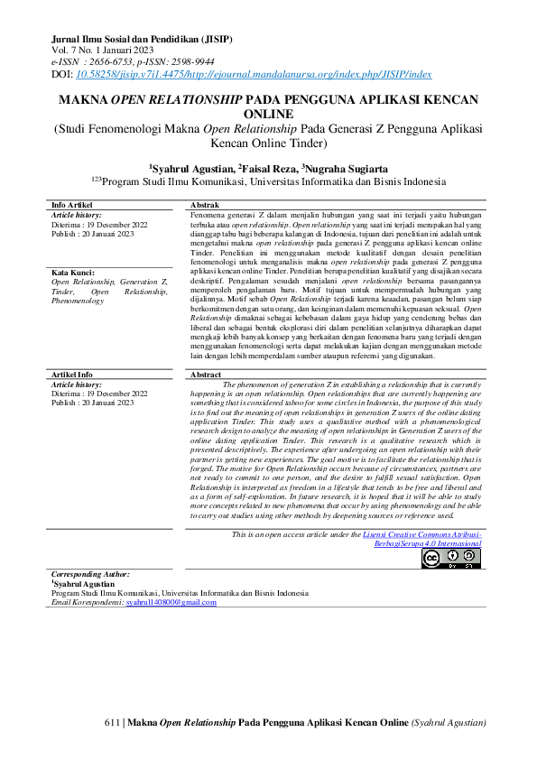 (PDF) MAKNA OPEN RELATIONSHIP PADA PENGGUNA APLIKASI KENCAN ONLINE (Studi Fenomenologi Makna ...