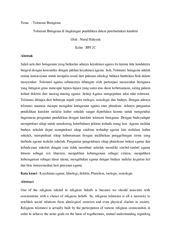 (DOC) Toleransi Beragama Di lingkungan Pendidikan Dalam Pembentukan Karakter | Nurul Hidayah ...