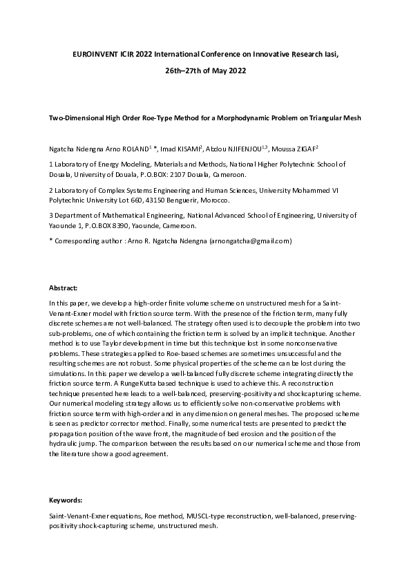 (PDF) Two-Dimensional High Order Roe-Type Method for a Morphodynamic Problem on Triangular Mesh