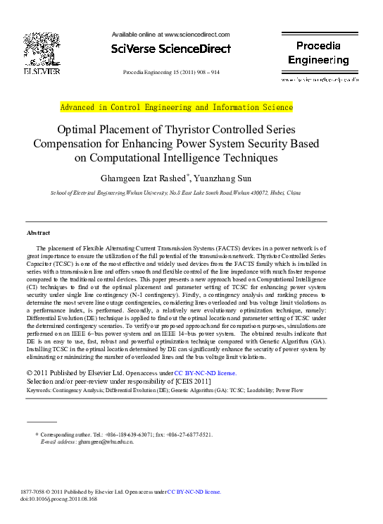 (PDF) Optimal Placement of Thyristor Controlled Series Compensation for Enhancing Power System ...