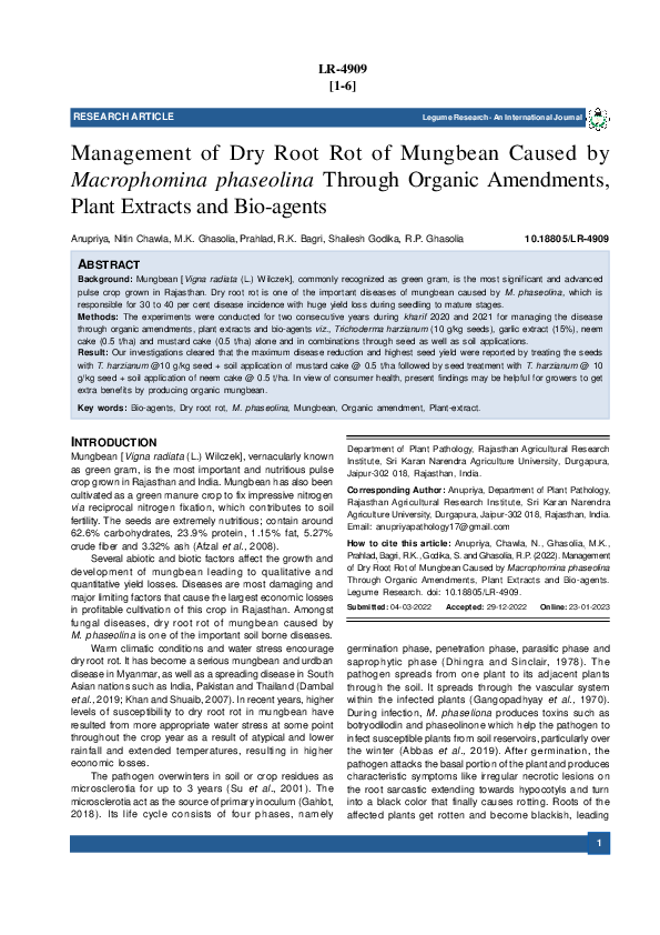 (PDF) Management of Dry Root Rot of Mungbean Caused by Macrophomina ...