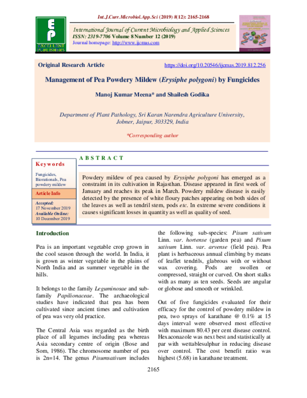 (PDF) Management of Pea Powdery Mildew (Erysiphe polygoni) by Fungicides