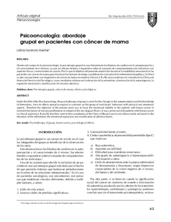(PDF) Psicooncología: abordaje grupal en pacientes con cáncer de mama