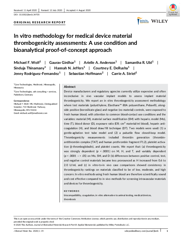 (PDF) In vitro methodology for medical device material thrombogenicity ...