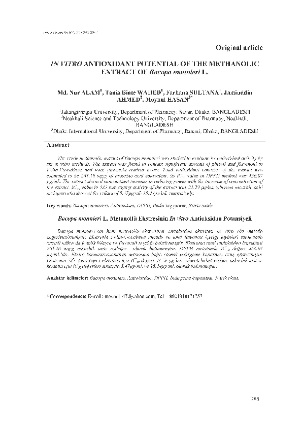 (PDF) IN VITRO ANTIOXIDANT POTENTIAL OF THE METHANOLIC EXTRACT OF Bacopa monnieri L