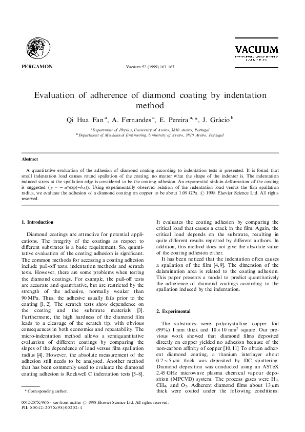 (PDF) Evaluation of adherence of diamond coating by indentation method