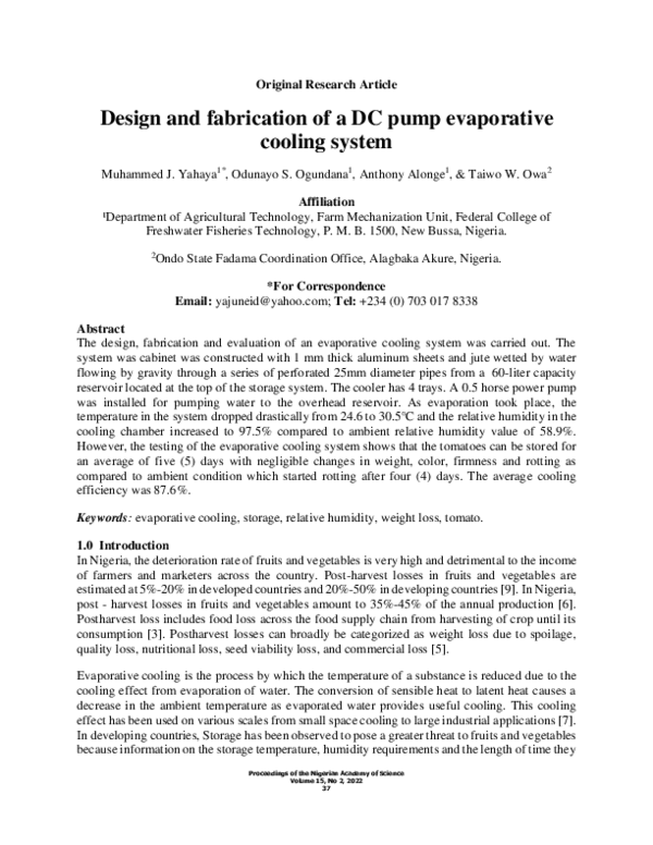 (PDF) Design and fabrication of a DC pump evaporative cooling system