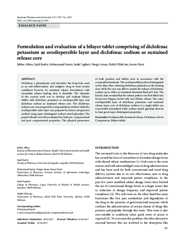 (PDF) Formulation and evaluation of a bilayer tablet comprising of diclofenac potassium as ...
