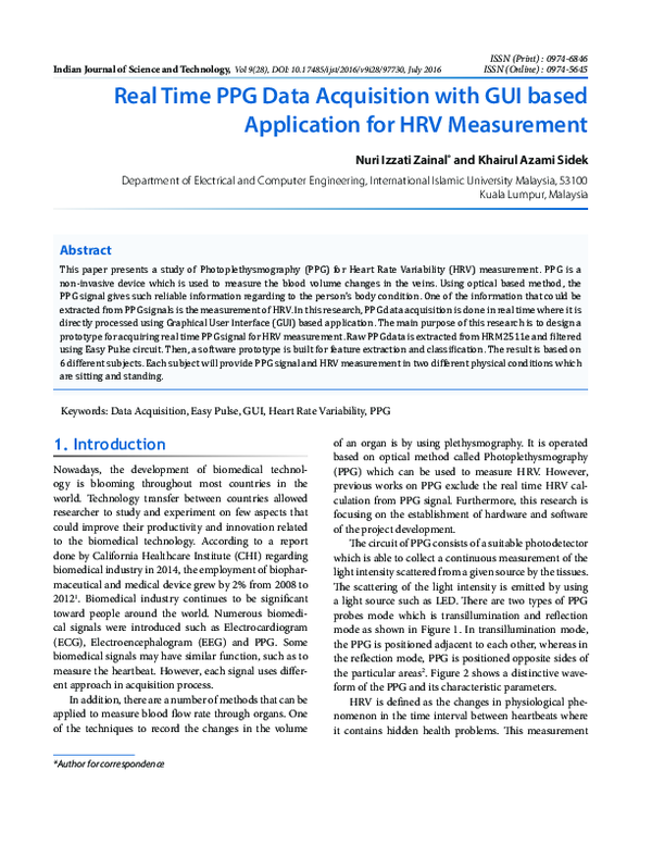 Pdf Real Time Ppg Data Acquisition With Gui Based Application For Hrv Measurement Izzati