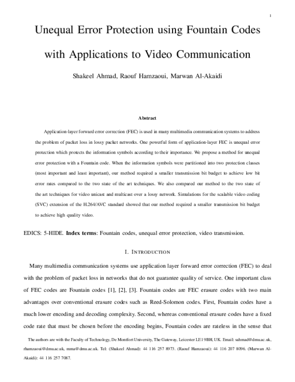 (PDF) Unequal Error Protection Using Fountain Codes With Applications to Video Communication ...