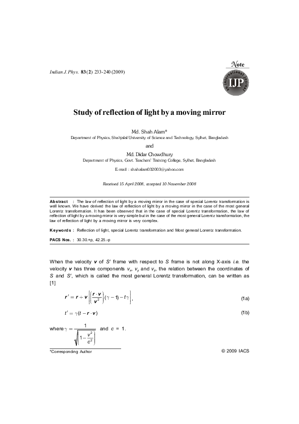 (PDF) Study of reflection of light by a moving mirror