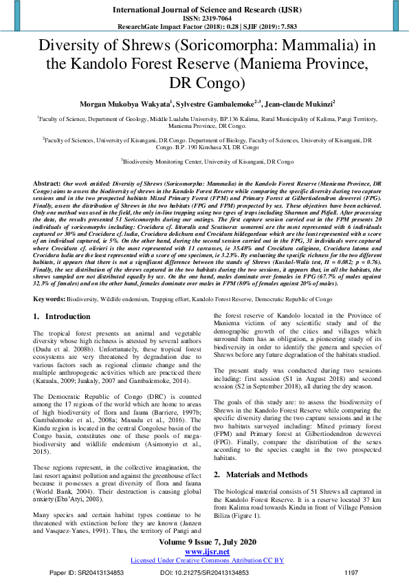 (PDF) Diversity of Shrews (Soricomorpha: Mammalia) in the Kandolo ...