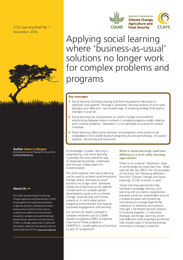 (PDF) Applying social learning where ‘business-as-usual’ solutions no longer work for complex ...