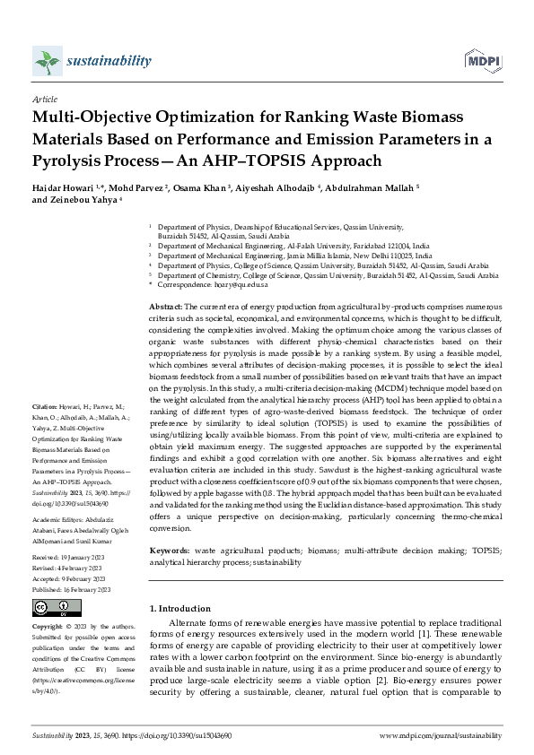 (PDF) Multi-Objective Optimization for Ranking Waste Biomass Materials Based on Performance and ...
