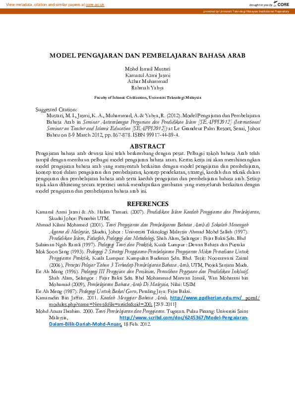(PDF) Model Pengajaran dan Pembelajaran Bahasa Arab