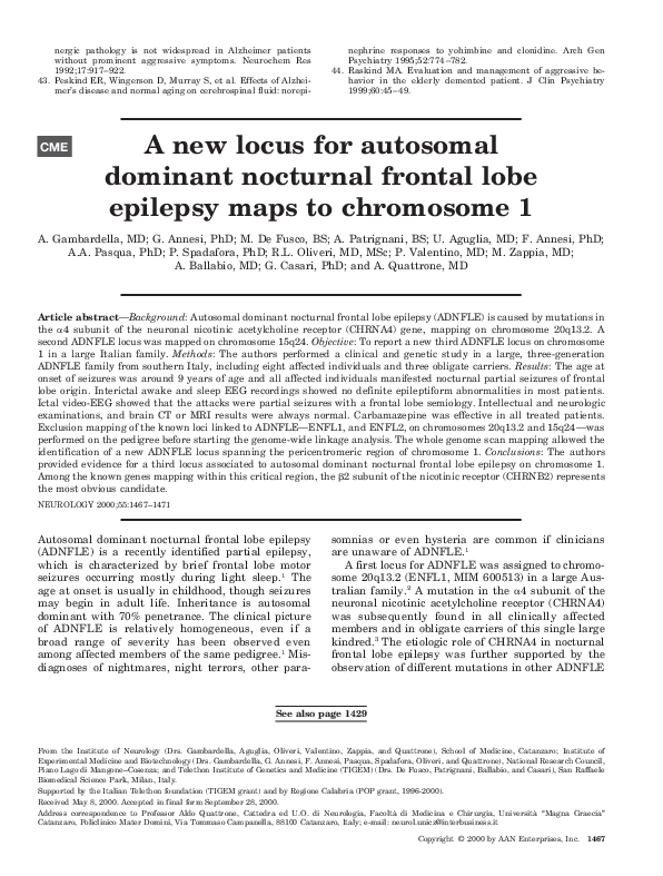 (PDF) A new locus for autosomal dominant nocturnal frontal lobe epilepsy maps to chromosome 1