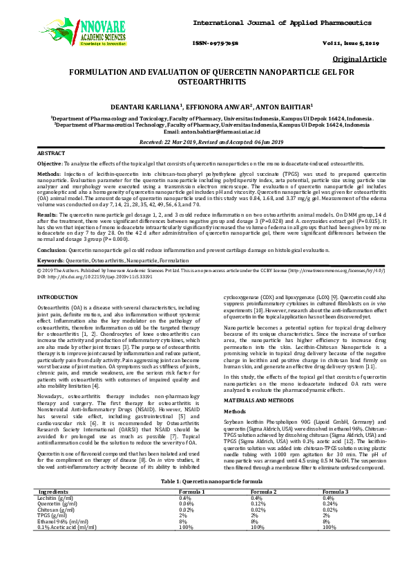 Pdf Formulation And Evaluation Of Quercetin Nanoparticle Gel For