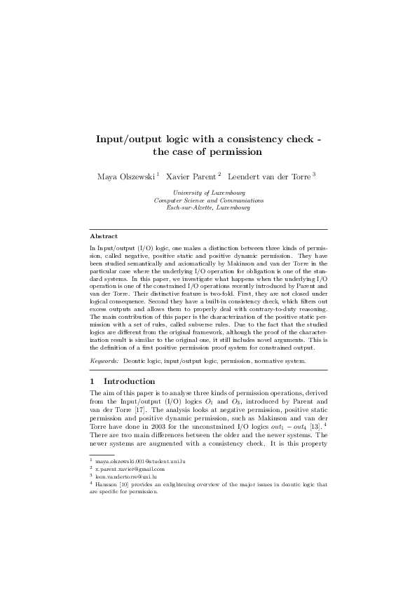 Pdf Inputoutput Logic With A Consistency Check The Case Of
