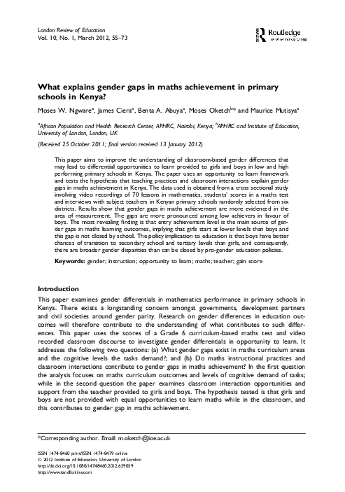 (PDF) What explains gender gaps in maths achievement in primary schools ...