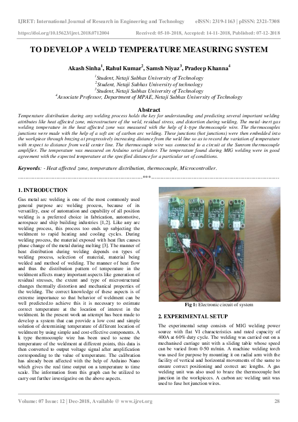 (PDF) To Develop a Weld Temperature Measuring System