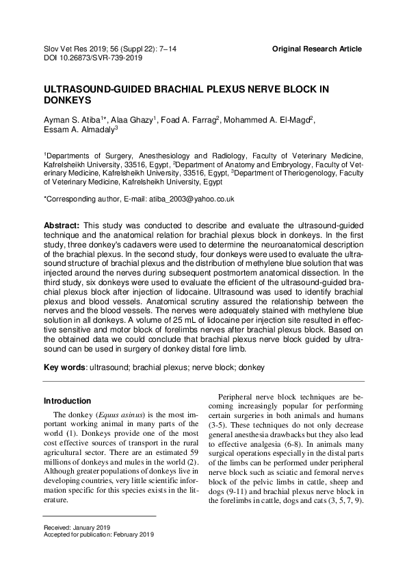 (PDF) Ultrasound-Guided Brachial Plexus Nerve Block in Donkeys | Alaa ...