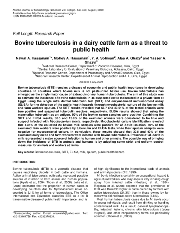 (PDF) Bovine tuberculosis in a dairy cattle farm as a threat to public ...