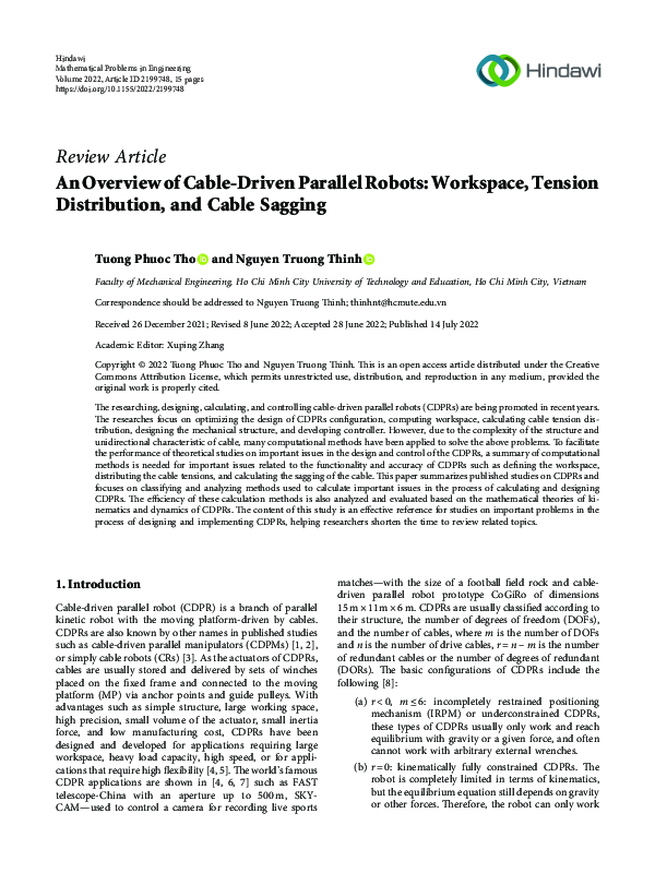 Pdf An Overview Of Cable Driven Parallel Robots Workspace Tension Distribution And Cable