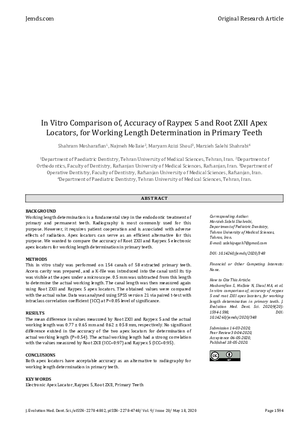 Pdf In Vitro Comparison Of Accuracy Of Raypex 5 And Root Zxii Apex Locators For Working
