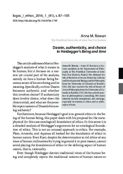 (PDF) Dasei, authenticity, and choice in Heidegger's Being and Time