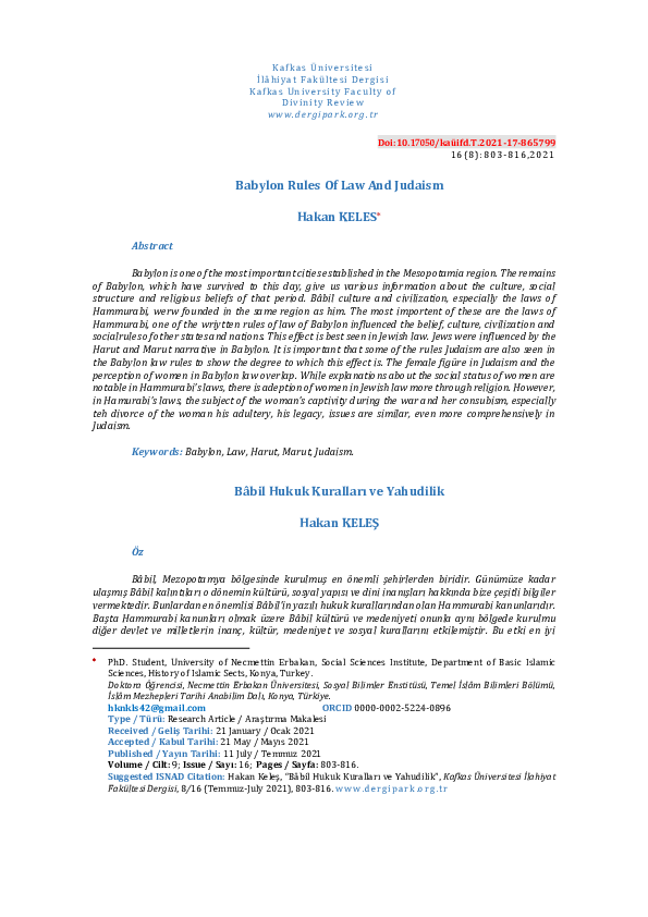 (PDF) Bâbil Hukuk Kuralları ve Yahudilik
