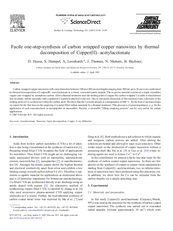 (PDF) Facile one-step-synthesis of carbon wrapped copper nanowires by ...