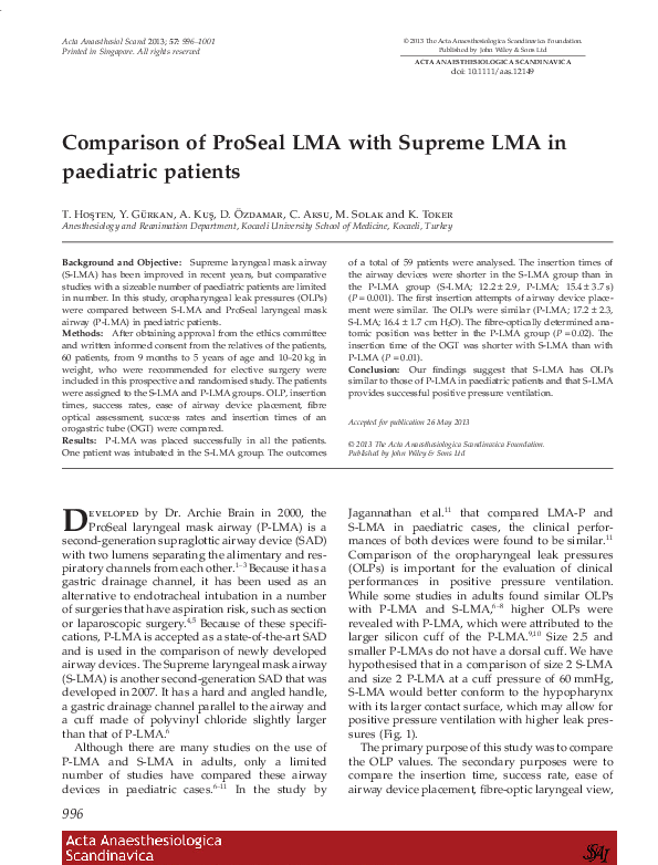 (PDF) Comparison of ProSeal LMA with Supreme LMA in paediatric patients