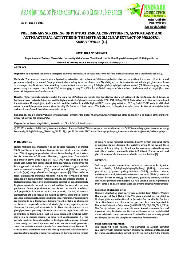 (PDF) PRELIMINARY SCREENING OF PHYTOCHEMICAL CONSTITUENTS, ANTIOXIDANT, AND ANTI-BACTERIAL ...
