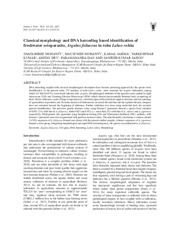 (PDF) Classical morphology and DNA barcoding based identification of freshwater ectoparasite ...