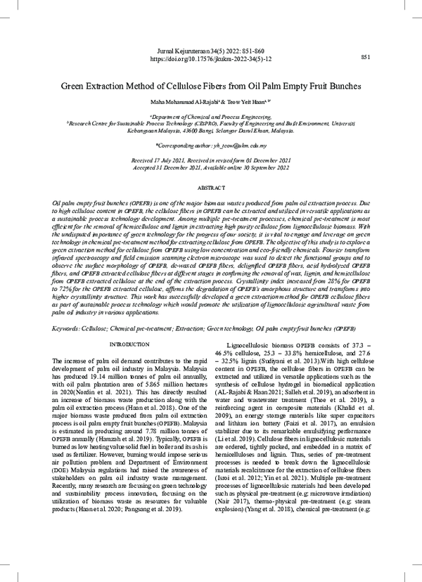 (PDF) Green Extraction Method of Cellulose Fibers from Oil Palm Empty ...