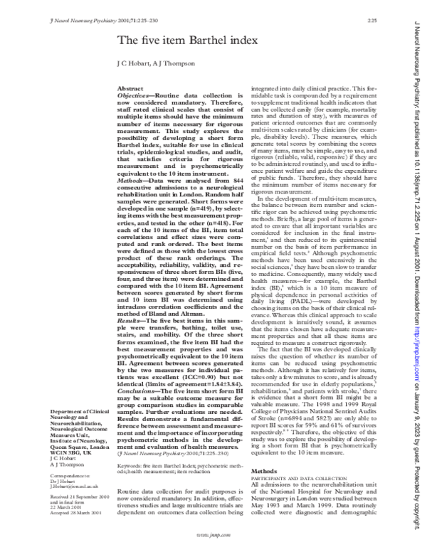 (PDF) The five item Barthel index